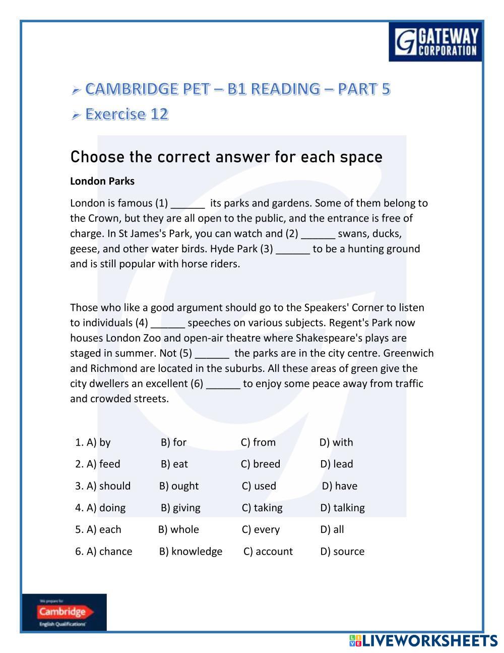 CAMBRIDGE PET –… | Free Interactive Worksheets | 7256884