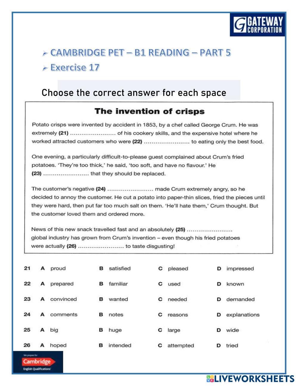 7256930 | CAMBRIDGE PET – B1 READING – PART 5 - Exercise