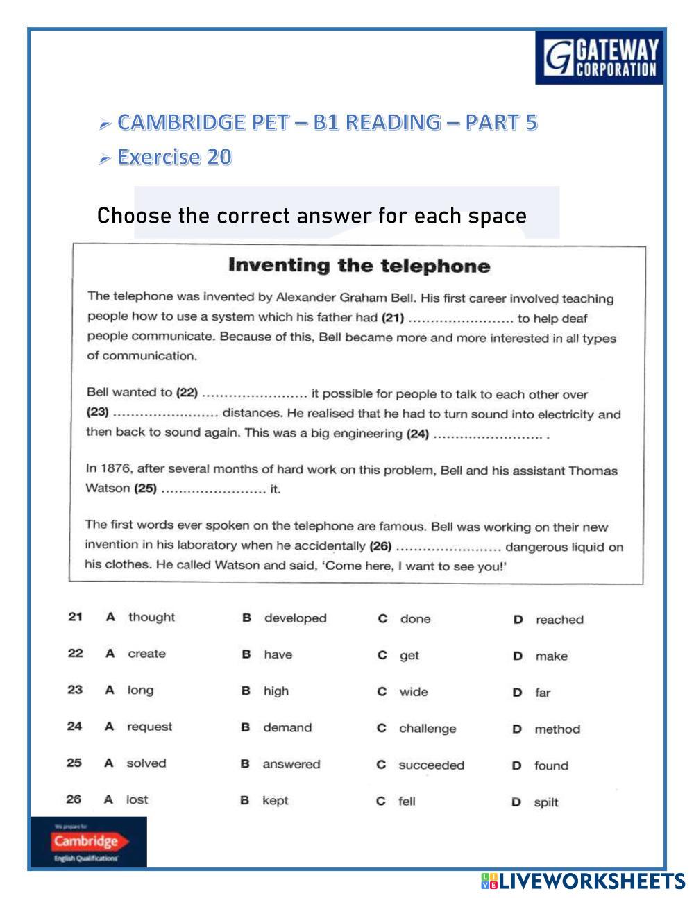 CAMBRIDGE PET –… | Free Interactive Worksheets | 7256963