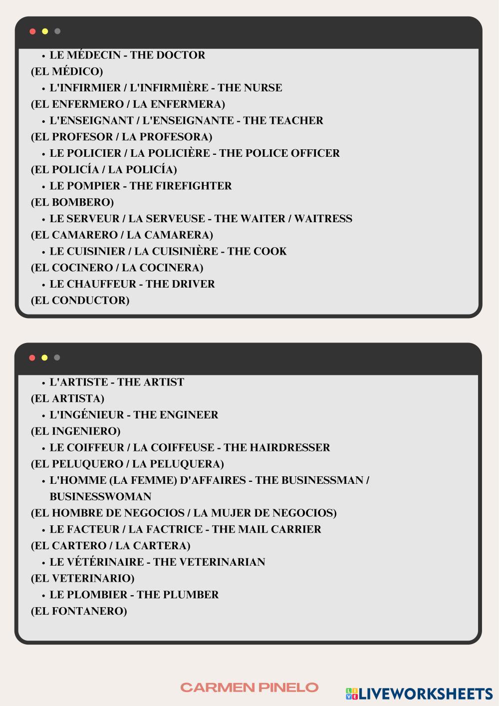 les métiers | Free Interactive Worksheets | 7257356