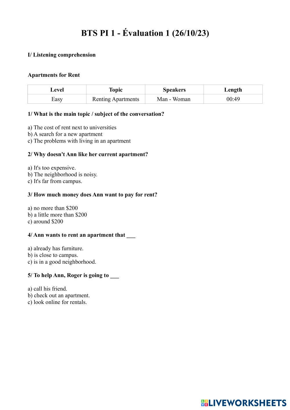 BTS PI 1 - Eval 1 | Live Worksheets