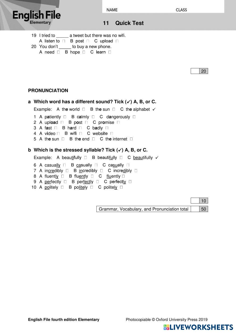 Elem_Quick Test 11 | Live Worksheets