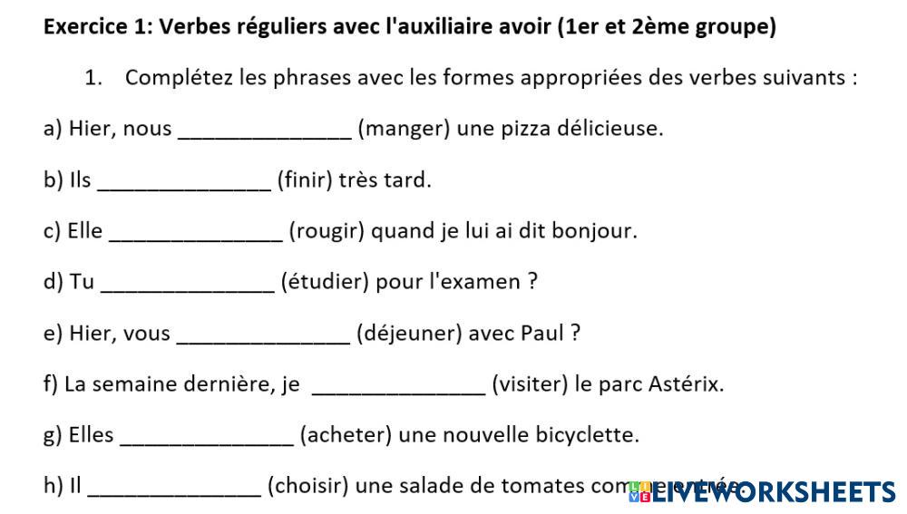 Passé Composé Exercice 1 Live Worksheets