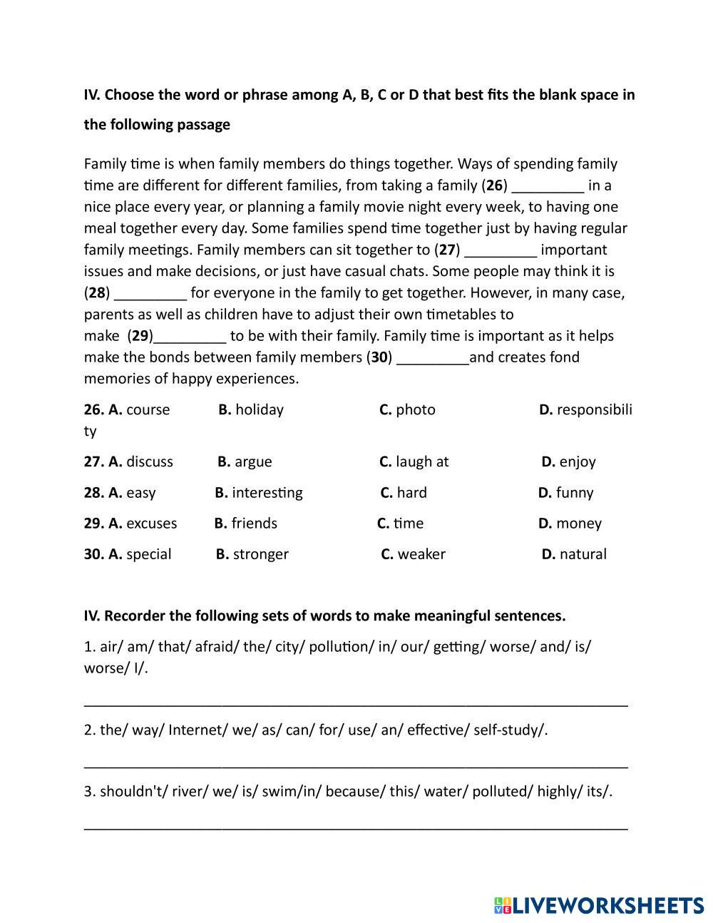 REVISION UNIT 1 FAMILY LIFE | Live Worksheets