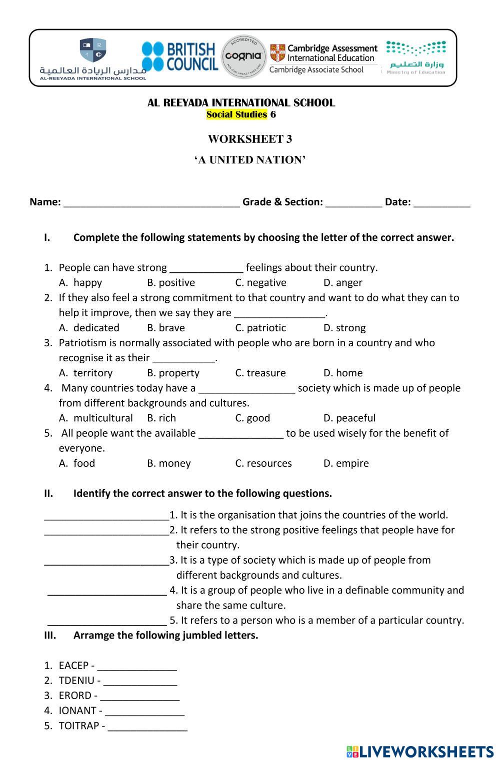 A UNITED NATION | Free Interactive Worksheets | 7260778