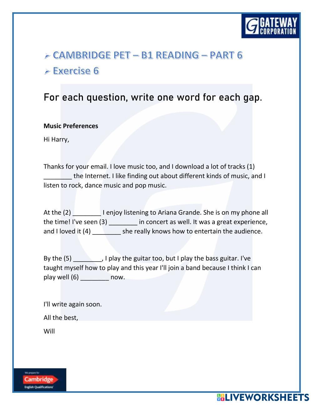 CAMBRIDGE PET –… | Free Interactive Worksheets | 7261291