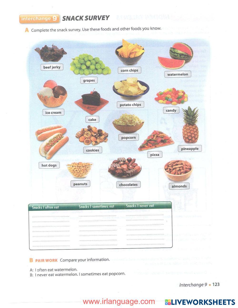 INTERCHANGE 9 Snack survey | Live Worksheets