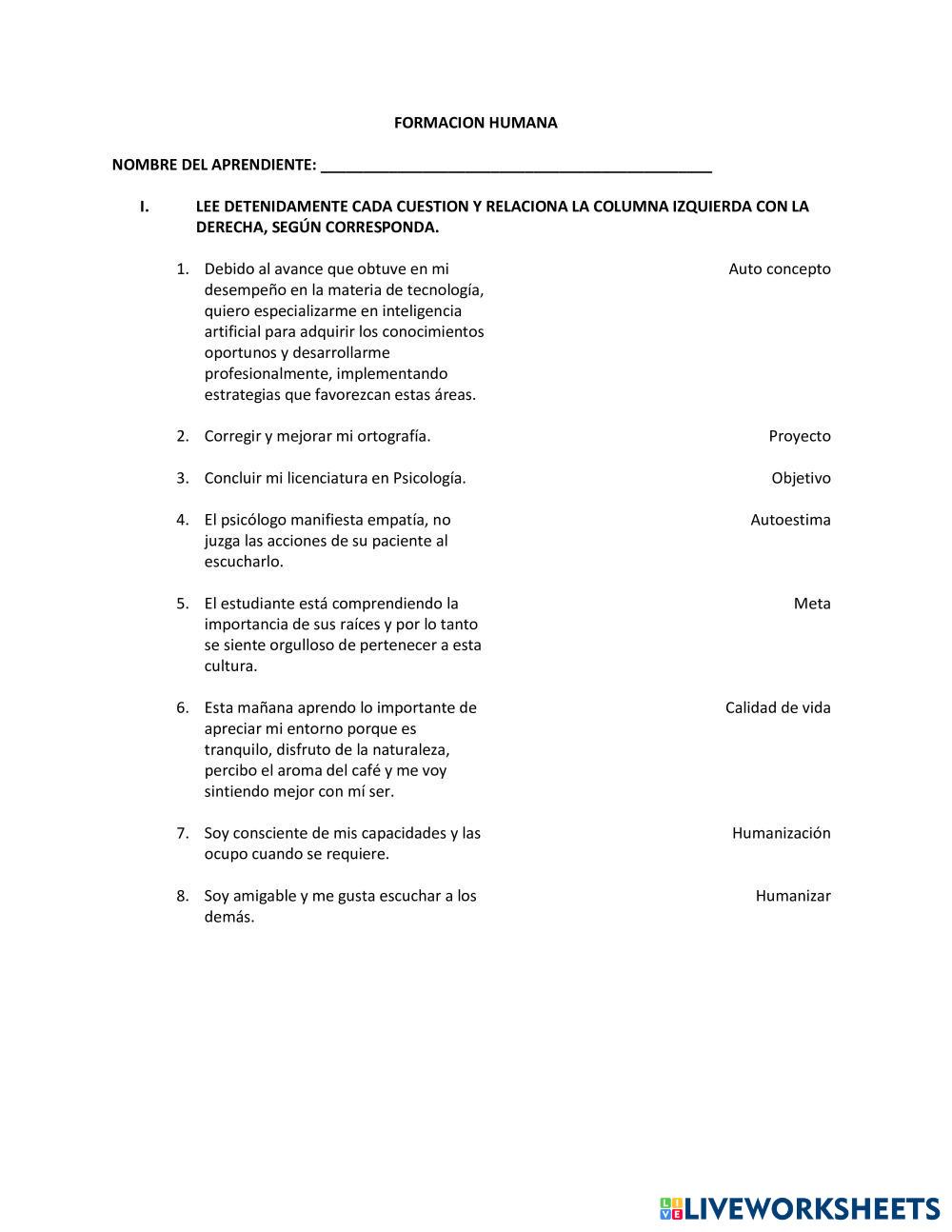 FORMACION HUMANA 2923 | LUPYZ | Live Worksheets