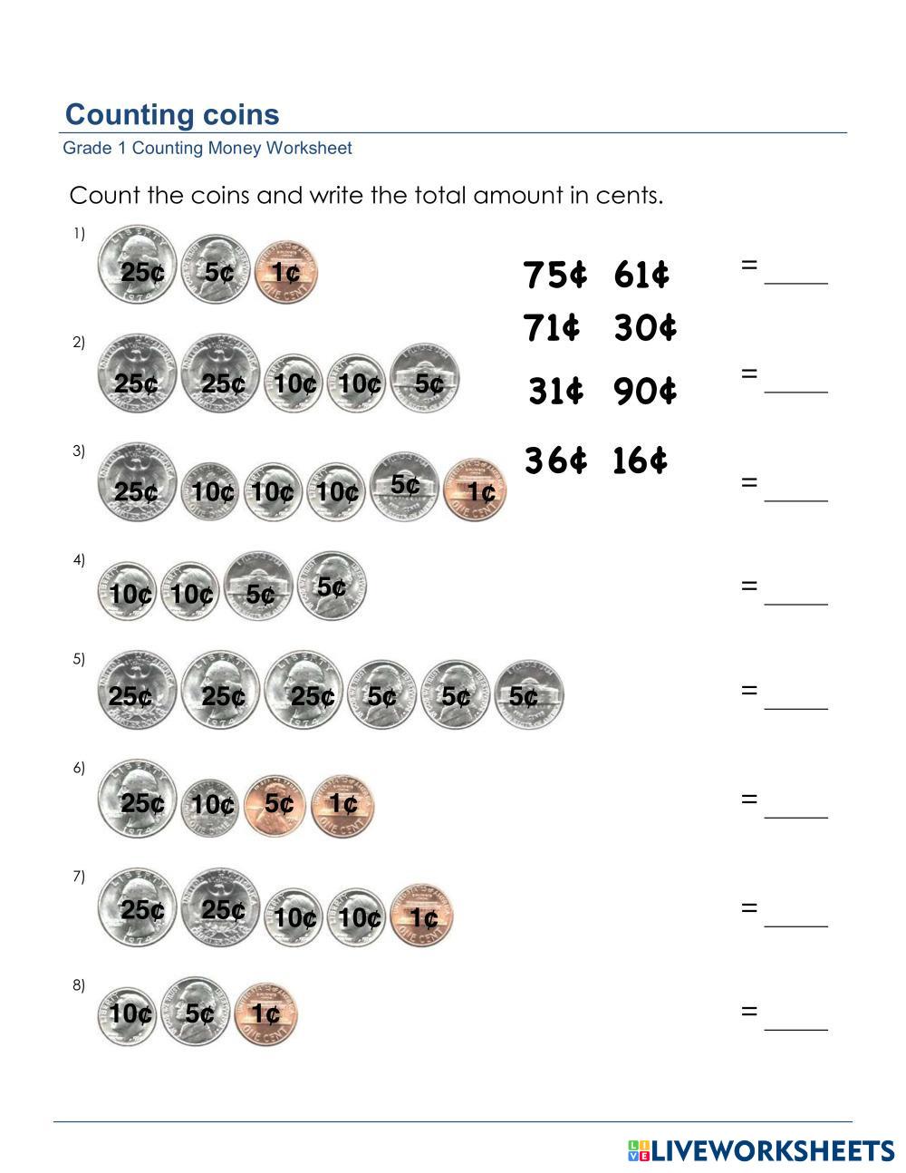 Grade-1-counting-pennies-nickels-dimes-quarters-b | Live Worksheets