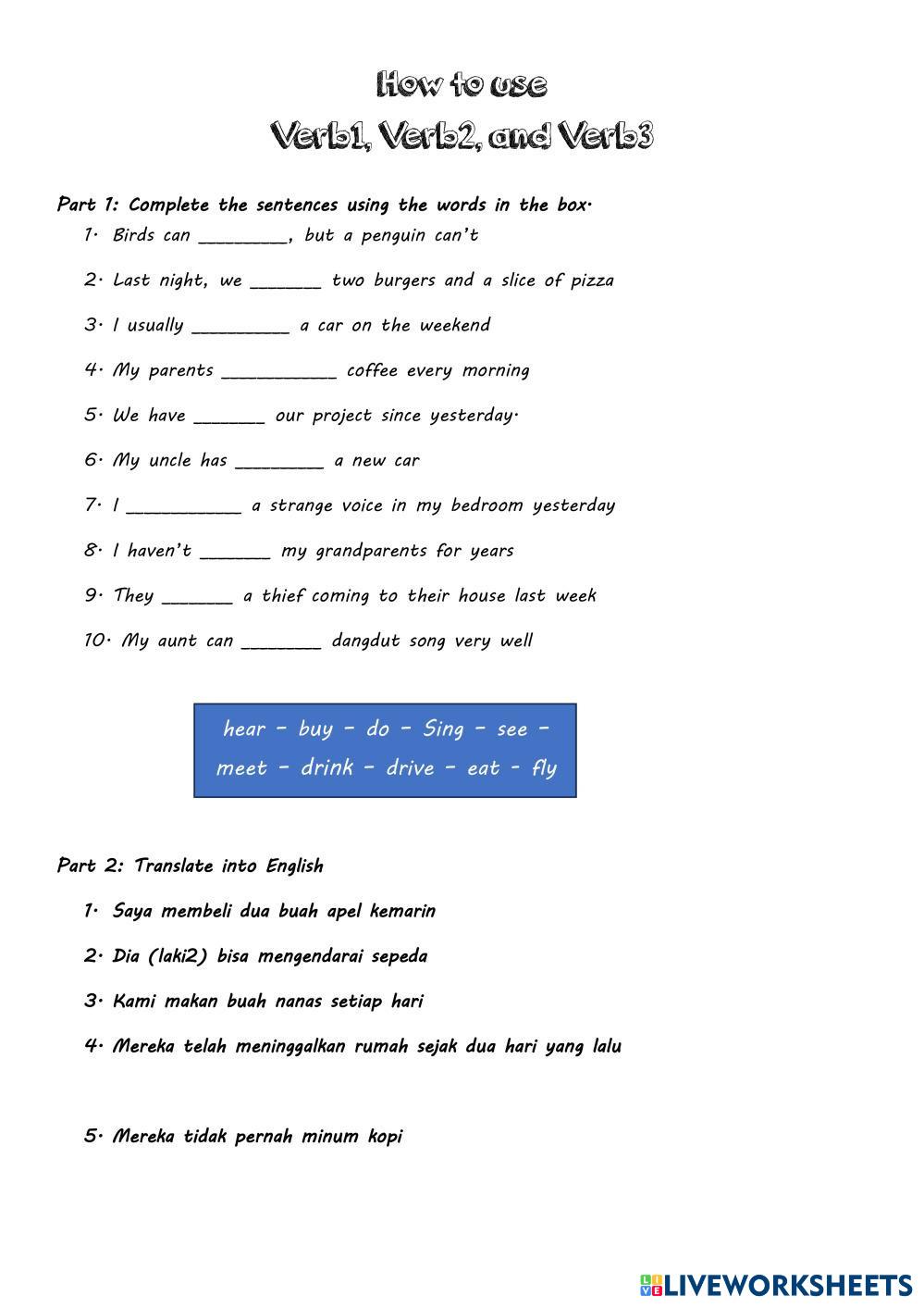 How to make sentences using Verb1, Verb2, Verb3 | Live Worksheets