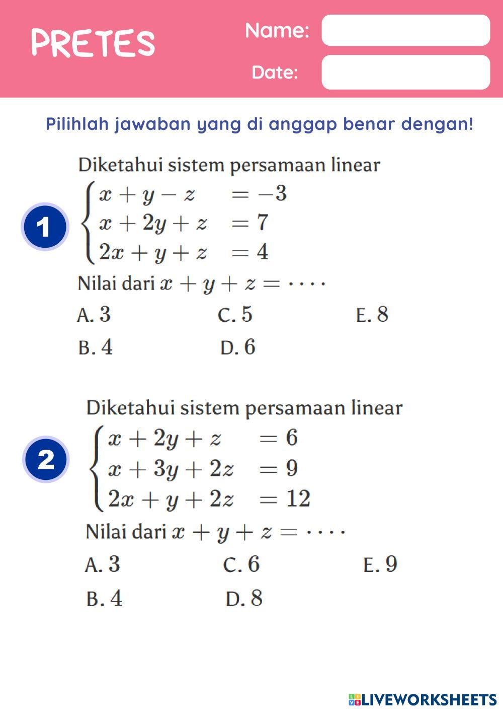 Pretest SPLTV | Live Worksheets