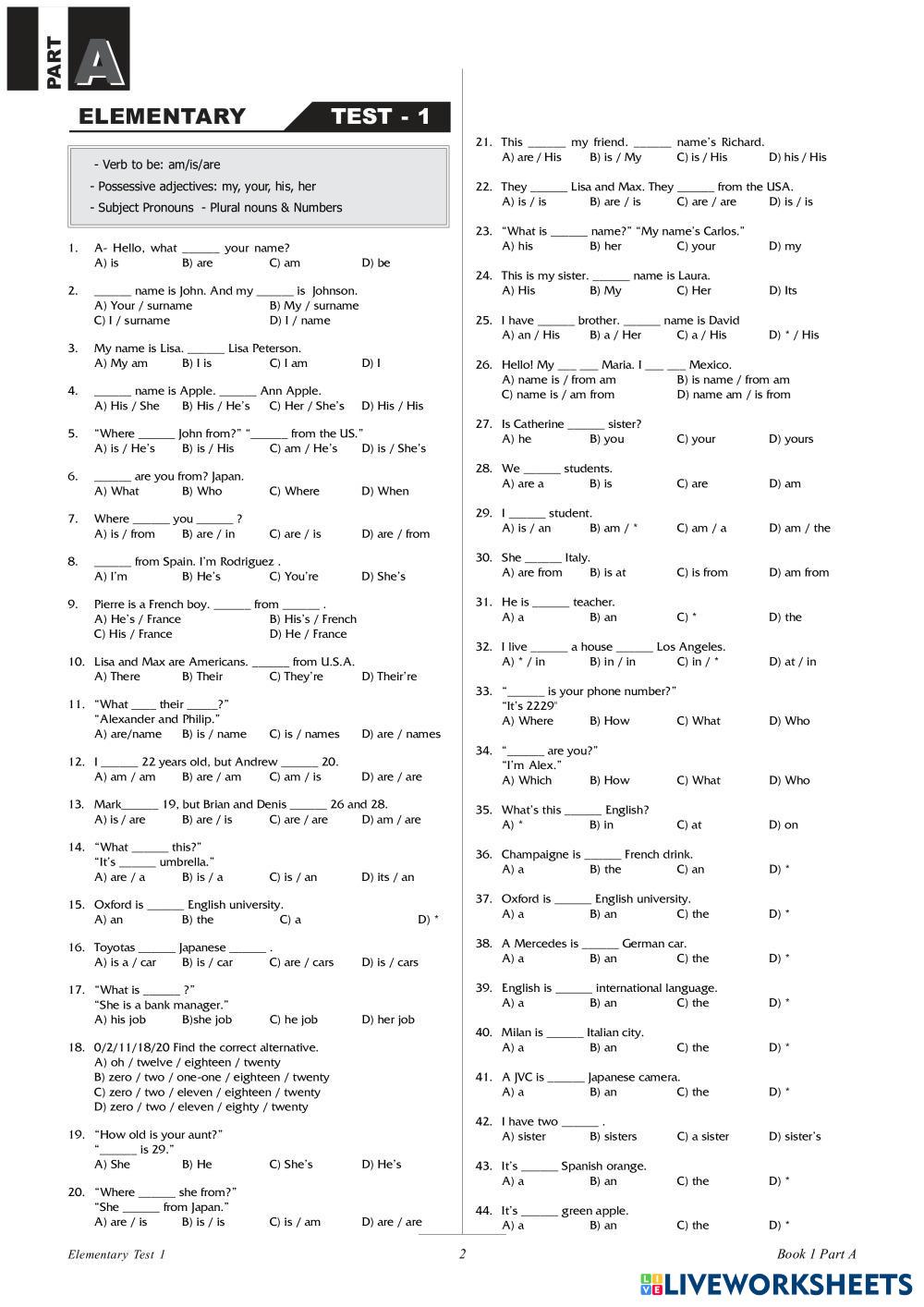 Part A - Elemen… | Free Interactive Worksheets | 7267427