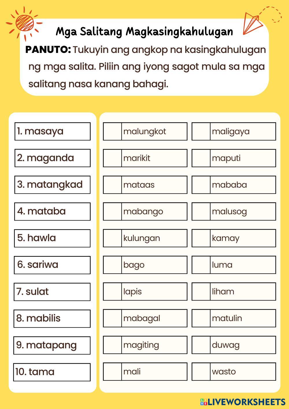 Mga Salitang Magkasingkahulugan Live Worksheets Nbkomputer