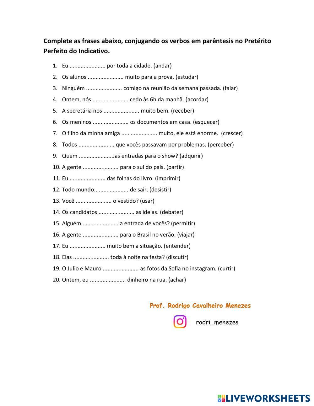 Pretérito Perfeito Regular | Live Worksheets