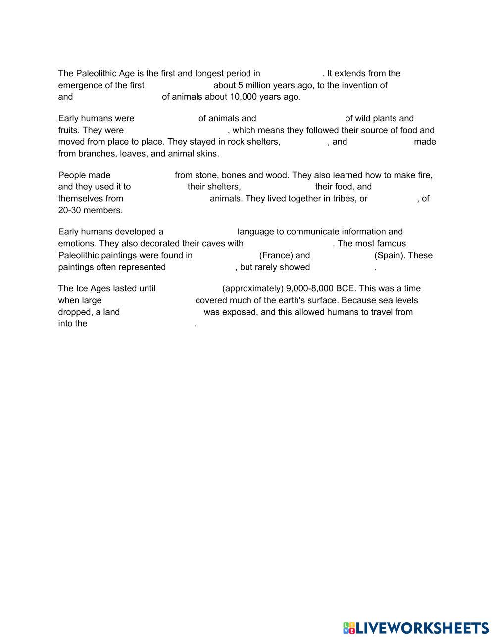 The Paleolithic… | Free Interactive Worksheets | 7269110