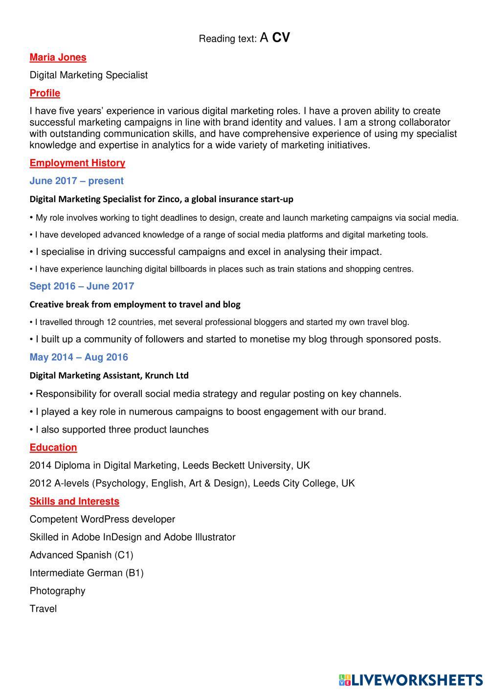 cv | Live Worksheets