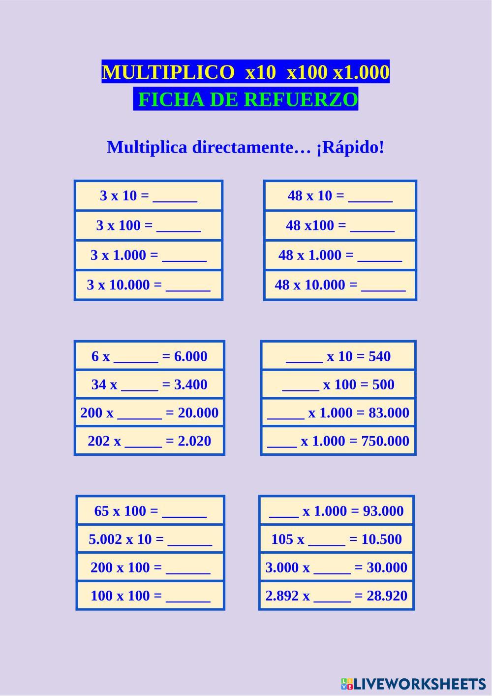 Multiplico Por X10 X100 X1000 Live Worksheets multiplico-por-x10-x100-x1000-live-worksheets