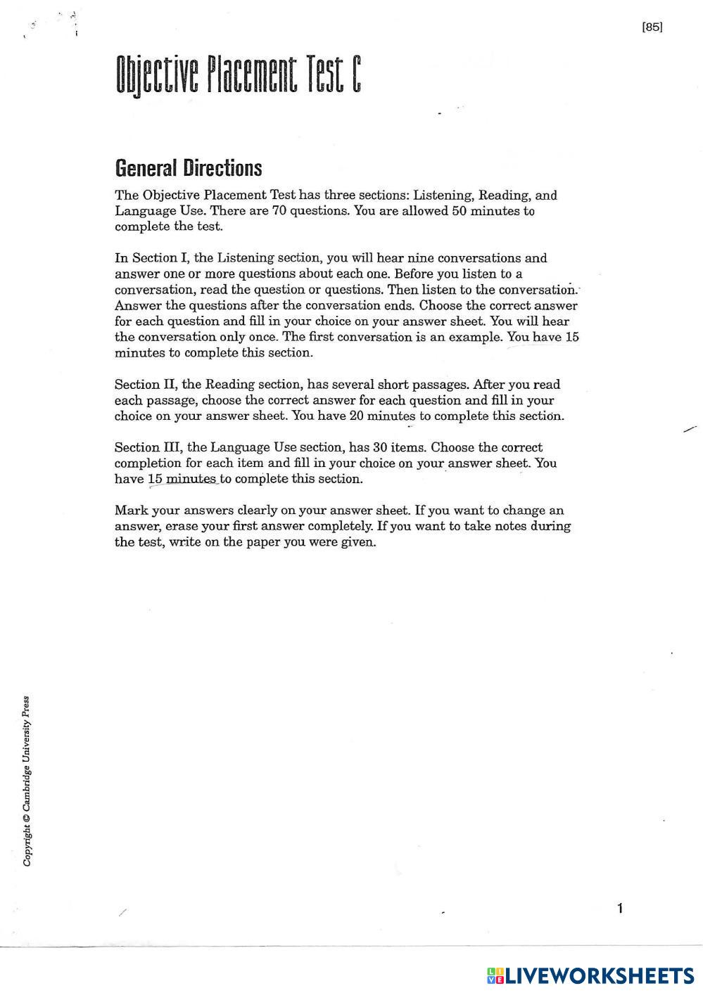 PLACEMENT TEST | Live Worksheets