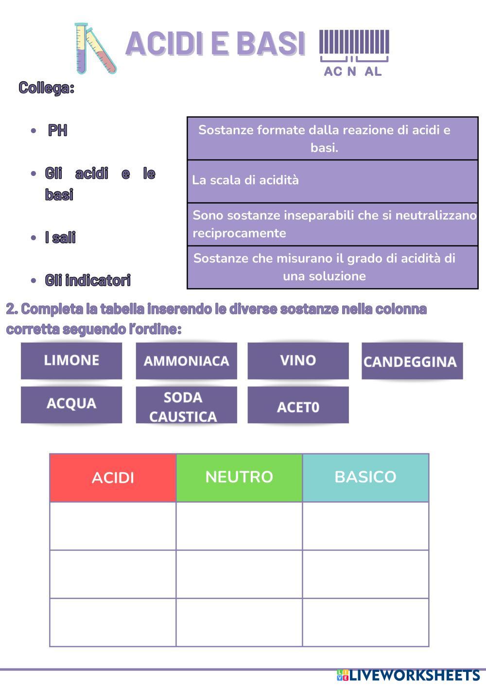Acidi e basi | Live Worksheets