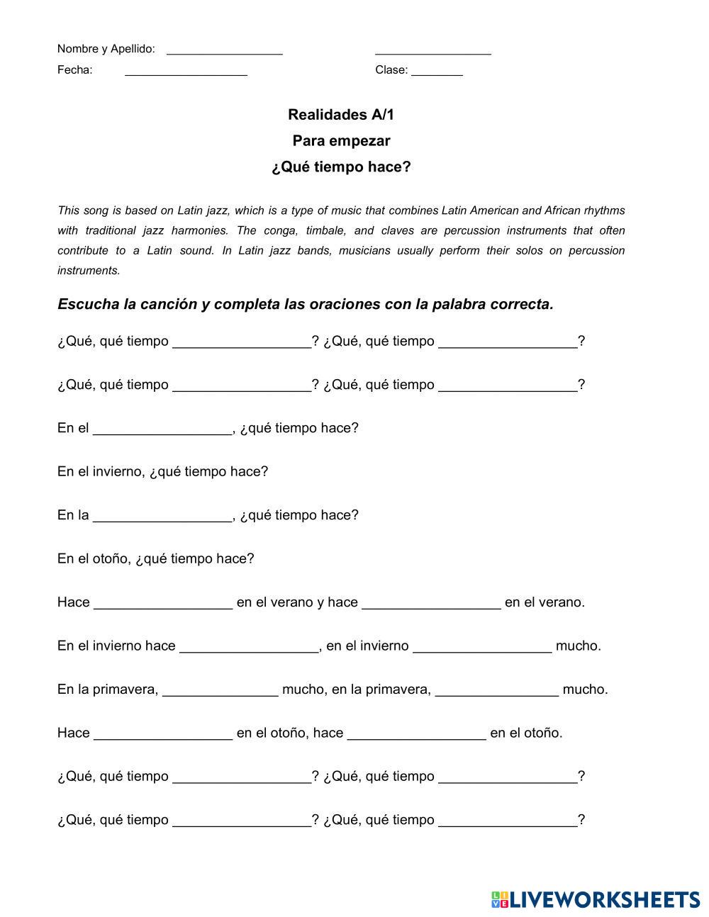 Canción ¿Qué tiempo hace? | Live Worksheets