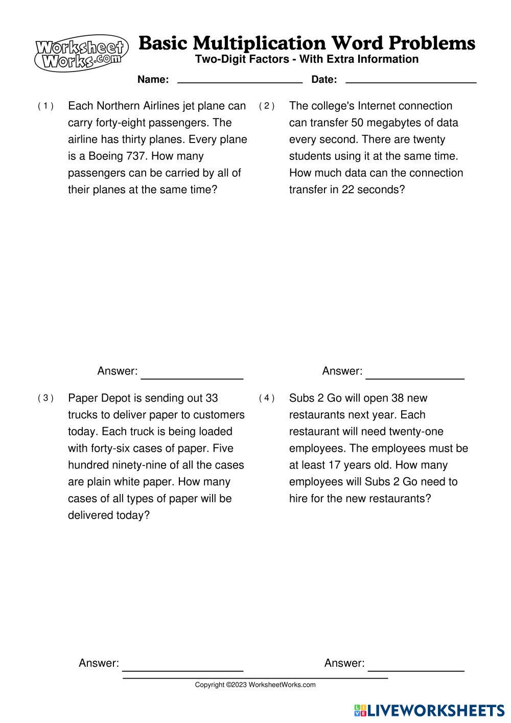 Multiplication Word Problems | Live Worksheets