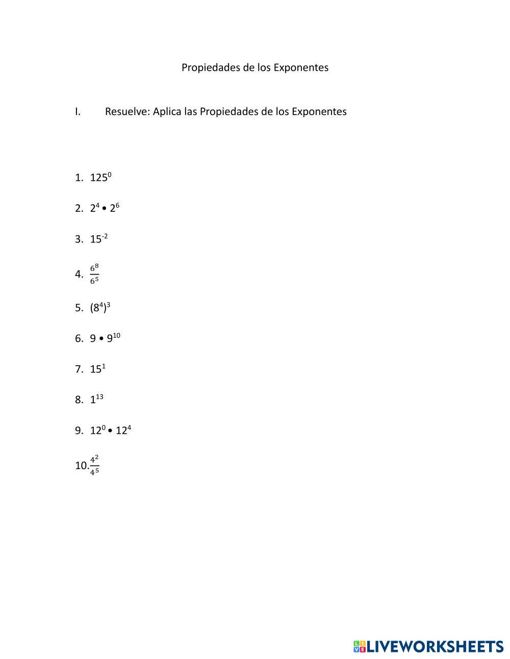 Propiedades de los Exponentes | Live Worksheets