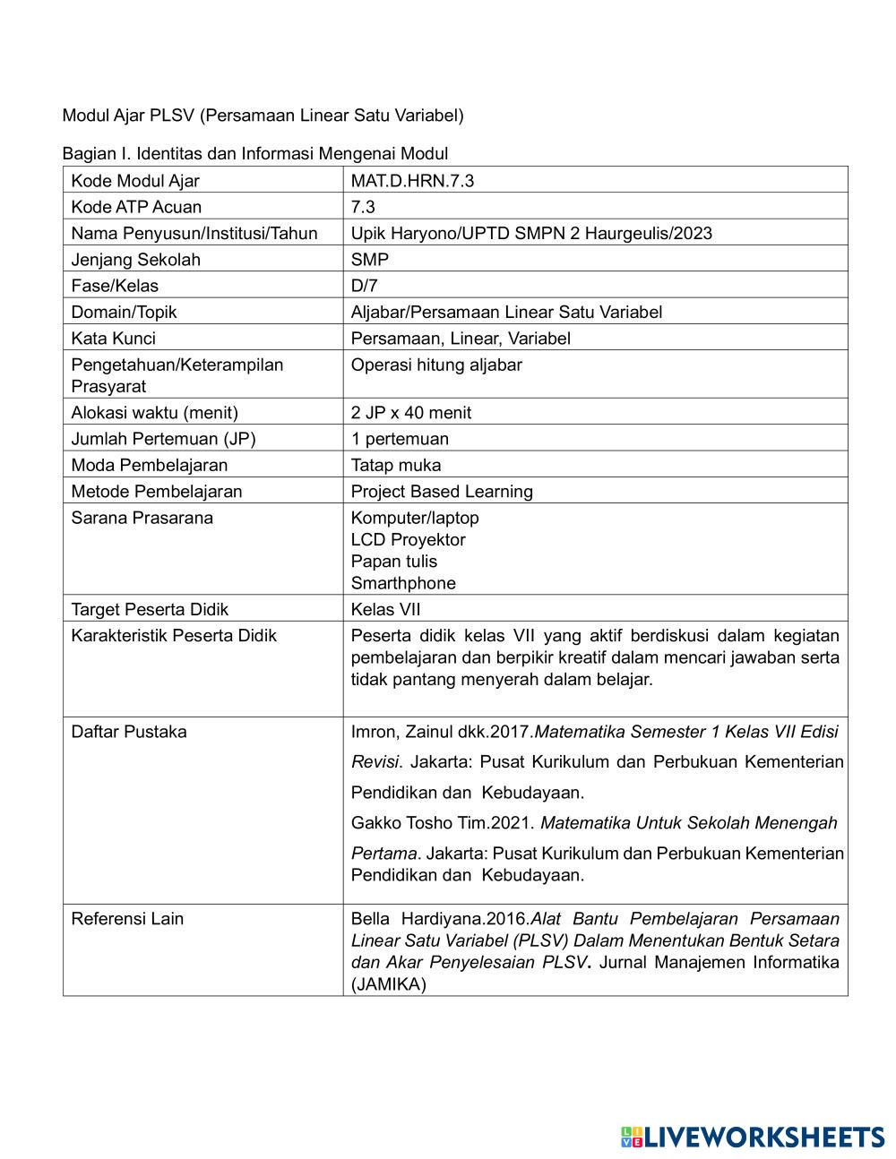 E-LKPD PLSV | Live Worksheets