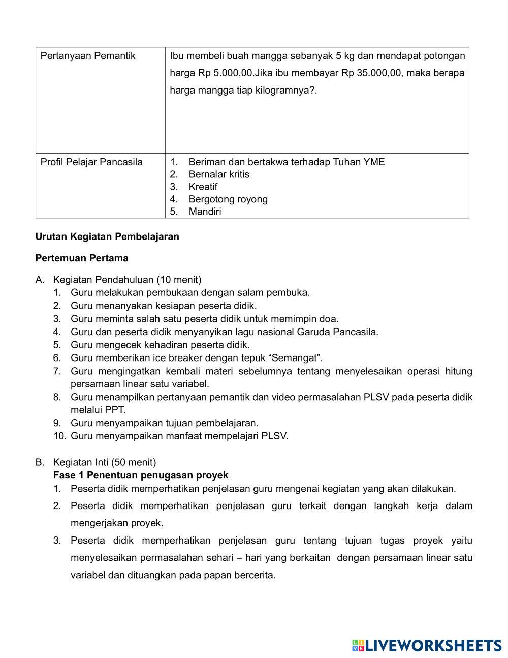 E-LKPD PLSV | Live Worksheets