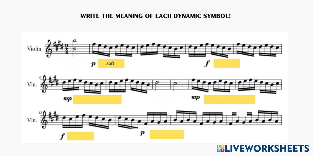 identify soft, medium soft, loud (score view) | Live Worksheets