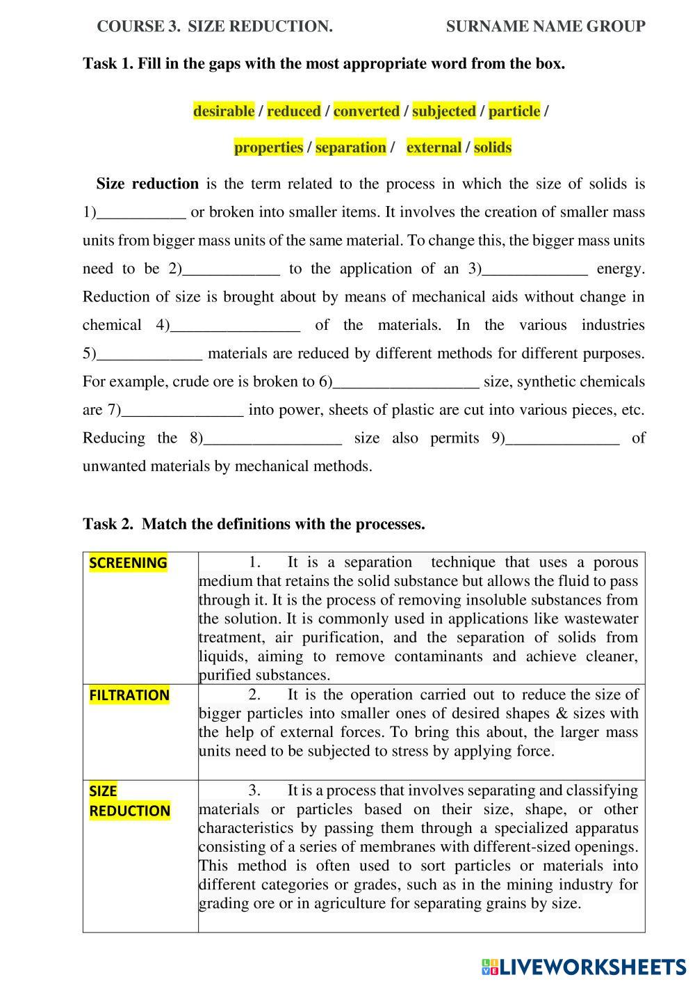 Course 3. SIZE REDUCTION Lesson 1 | Live Worksheets