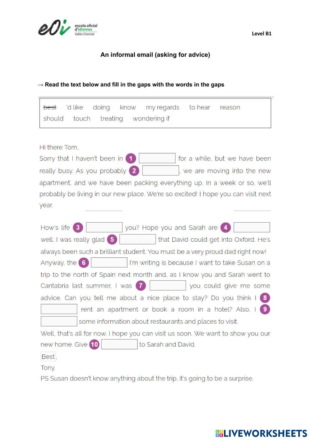 An informal email (asking for advice) | Live Worksheets