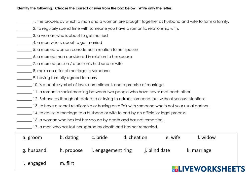 Dating and Marriage | Live Worksheets