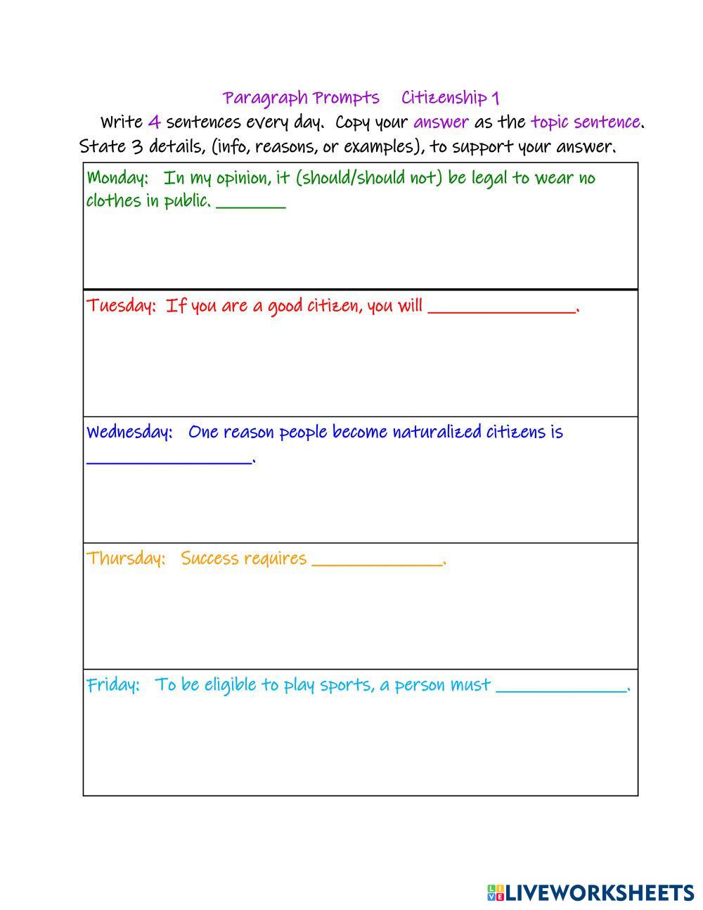 Paragraphs Citizenship 1 | Live Worksheets