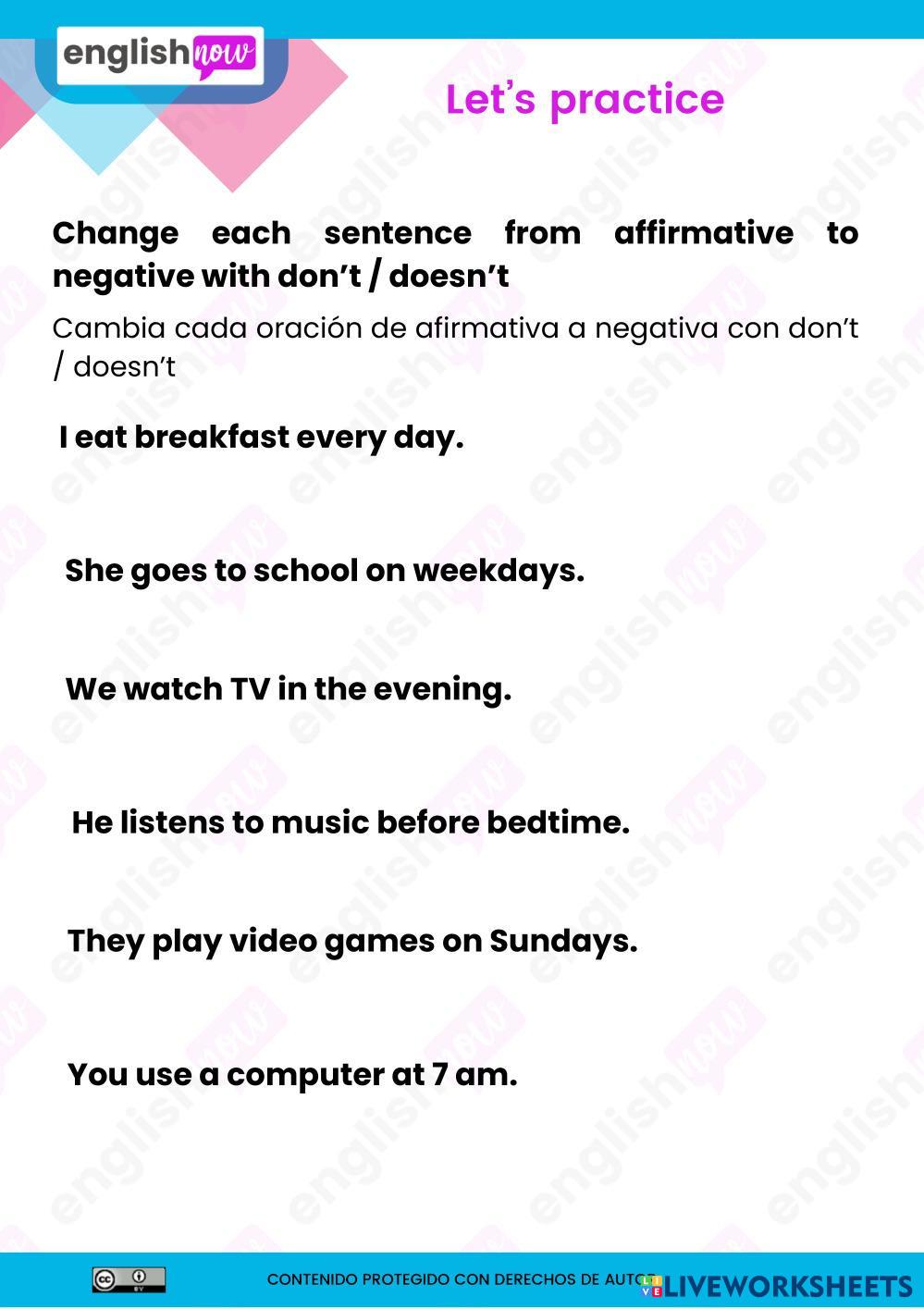 Negative sentences in simple present tense | Live Worksheets