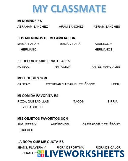 MY CLASSMATE | Live Worksheets