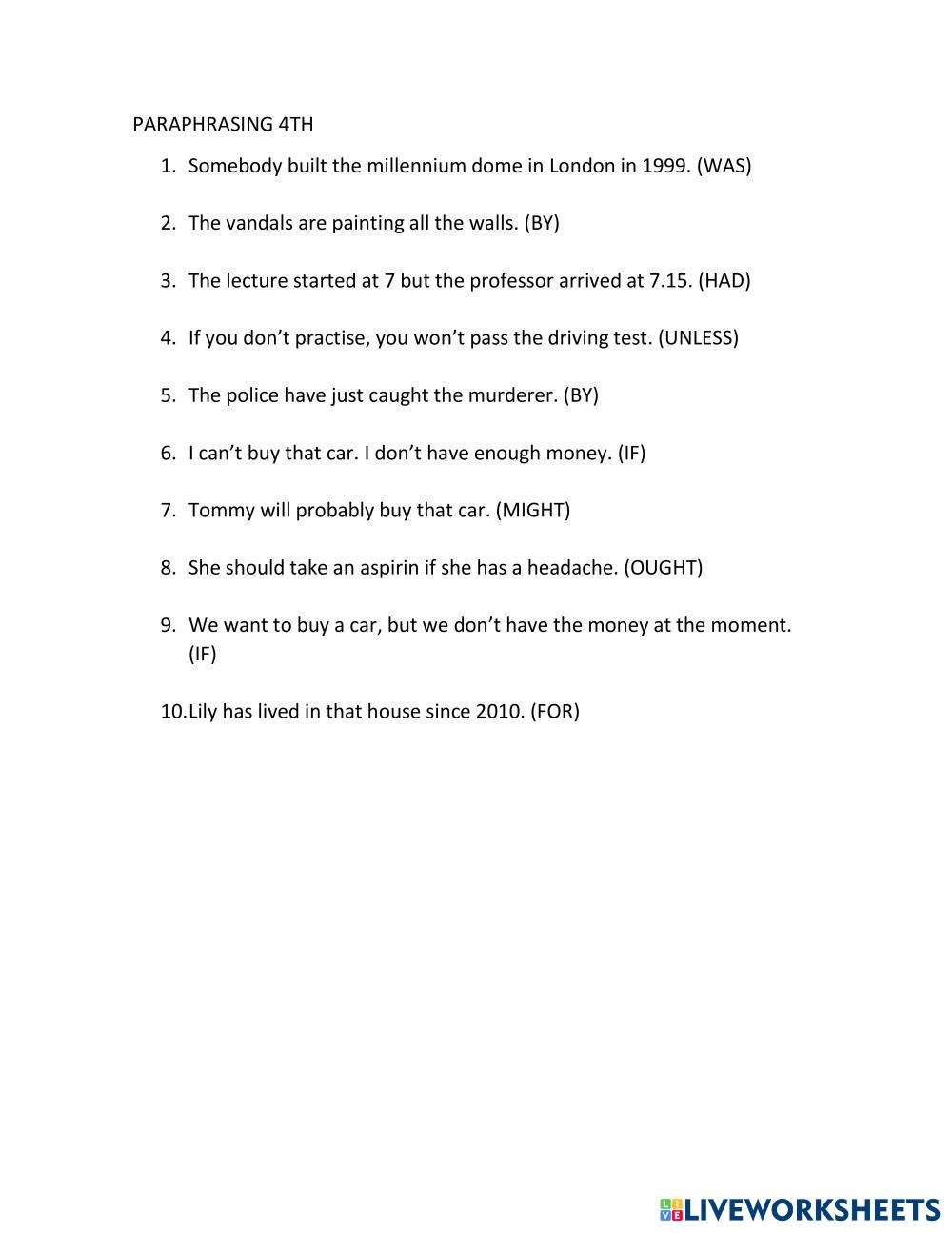 Paraphrasing 4th | Live Worksheets