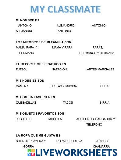 MY CLASSMATE | Live Worksheets