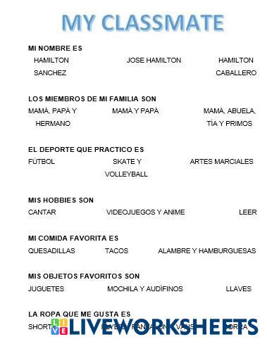 MY CLASSMATE | Live Worksheets