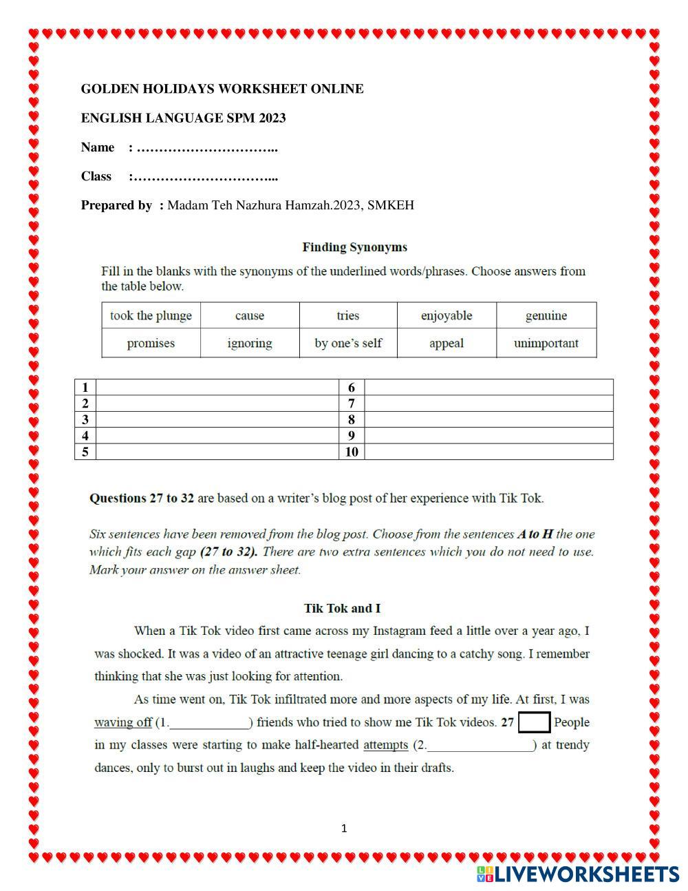 GOLDEN HOLIDAYS WORKSHEET ONLINE 7292416 | AIDIL ADHA BIN