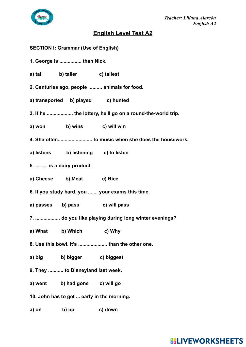 7292937 | English Level Test A2 | ___ | LiveWorksheets