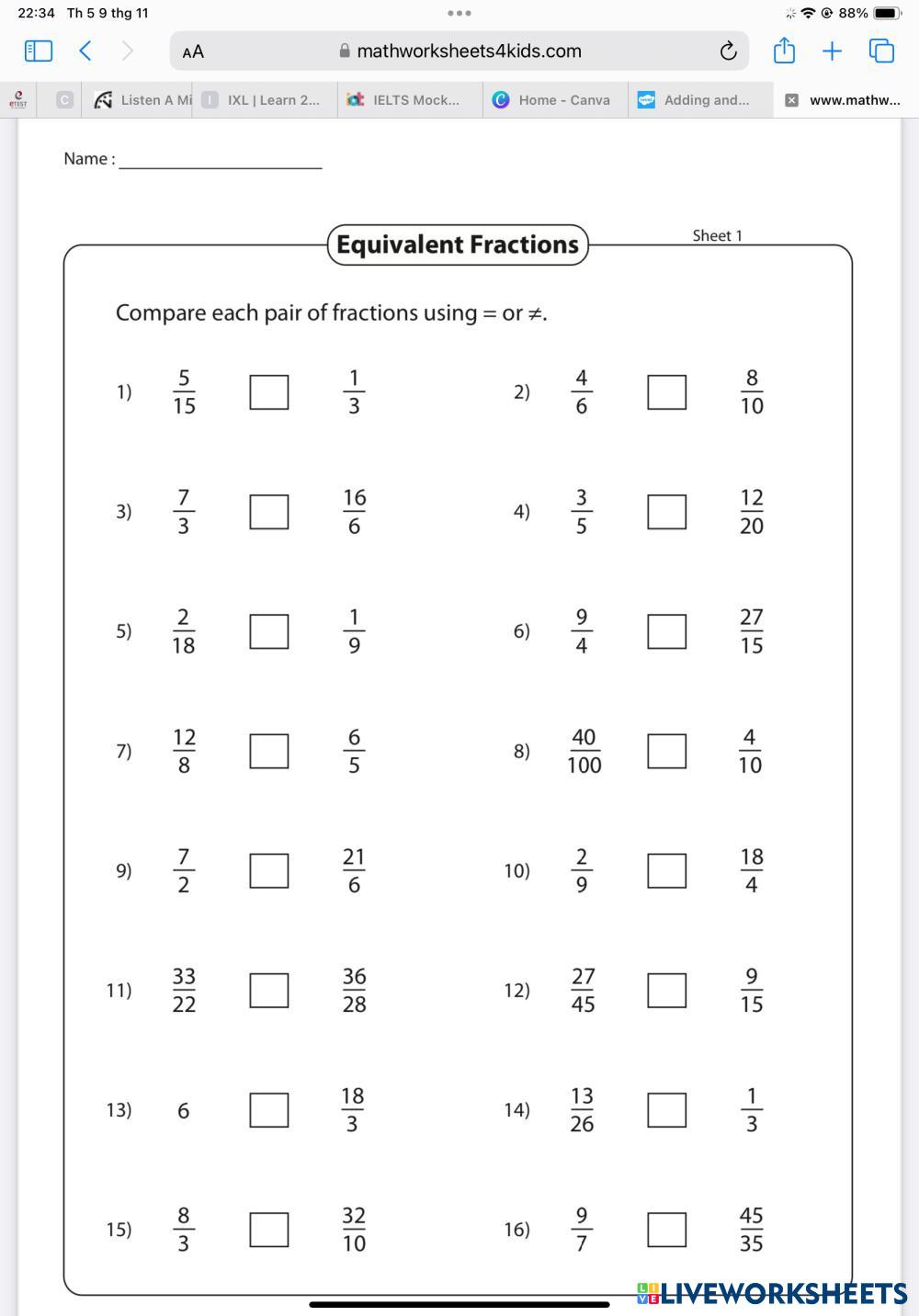 K4-compare fractions | Live Worksheets