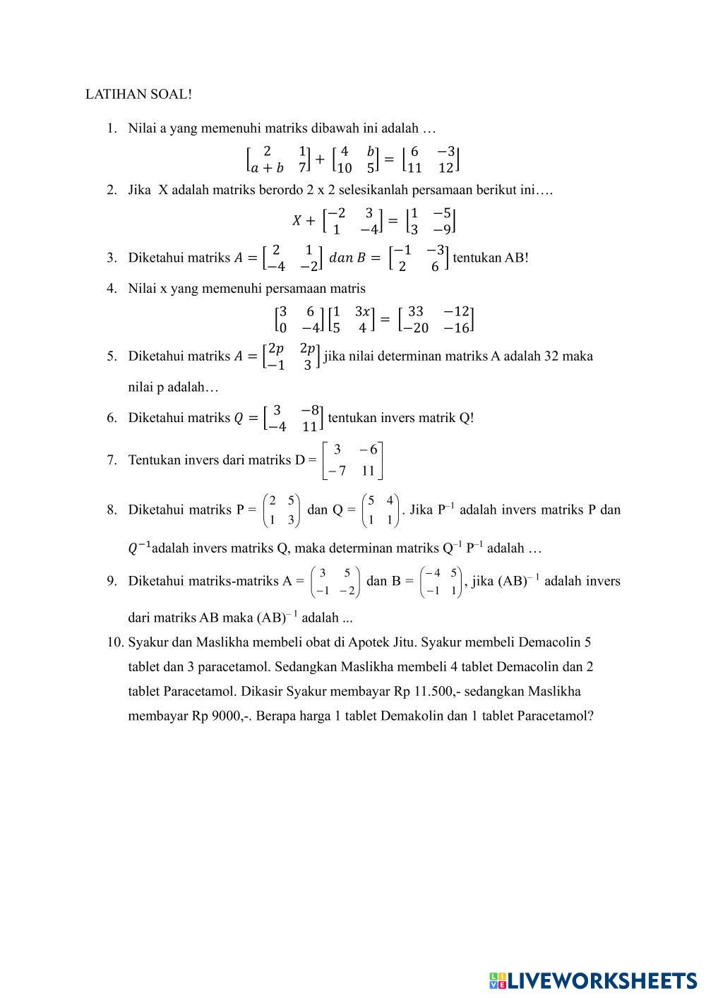7294504 | LATIHAN SOAL MATRIKS | Awaliyah Rinowati