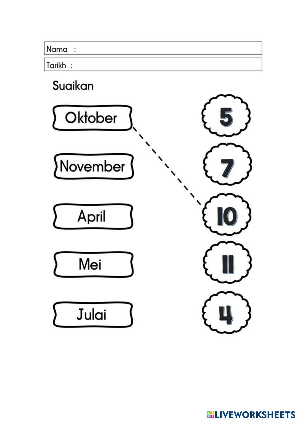 latihan matematik awal hari dan bulan prasekolah | Live Worksheets