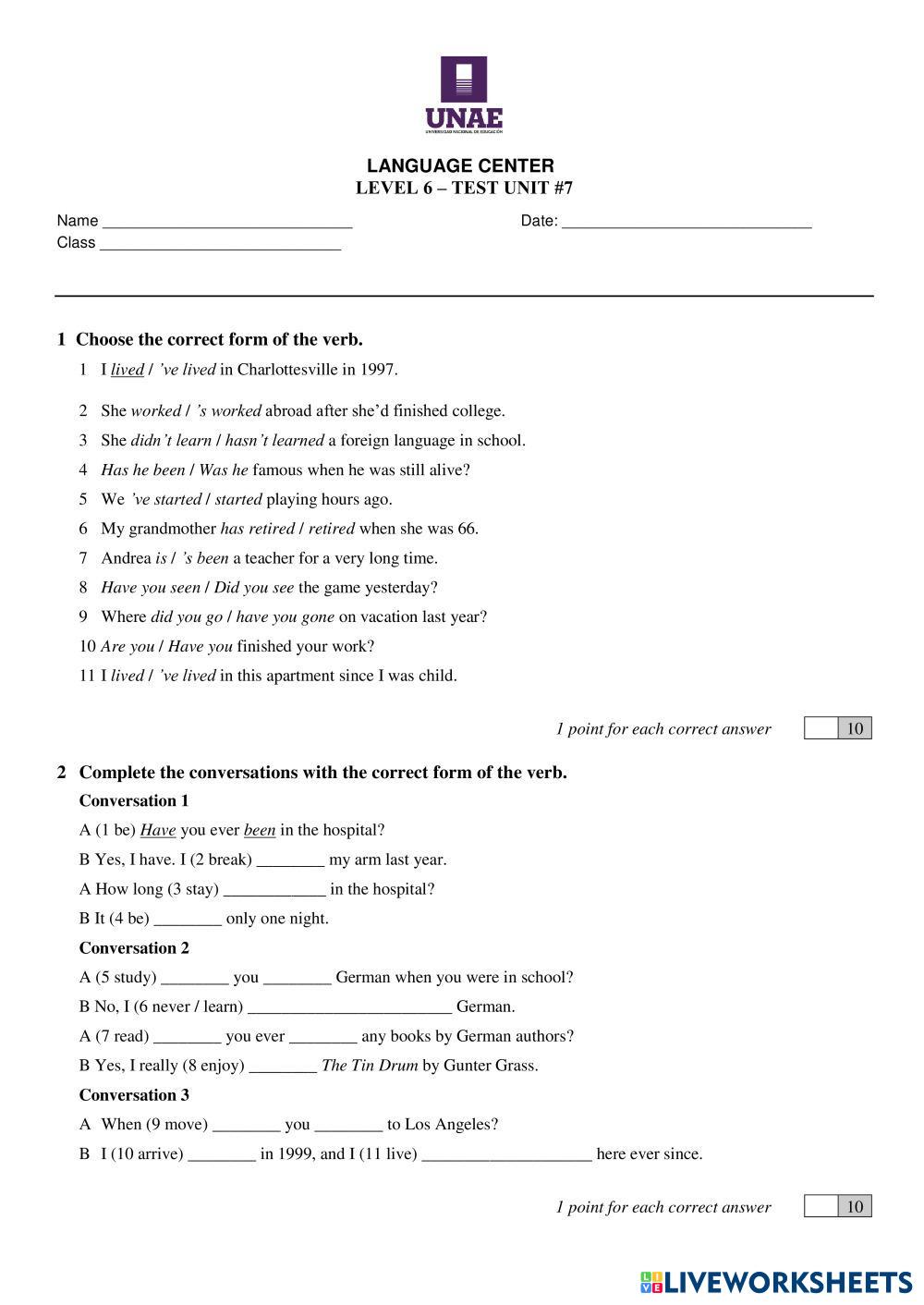 Level 6- Test Unit 7 | Live Worksheets