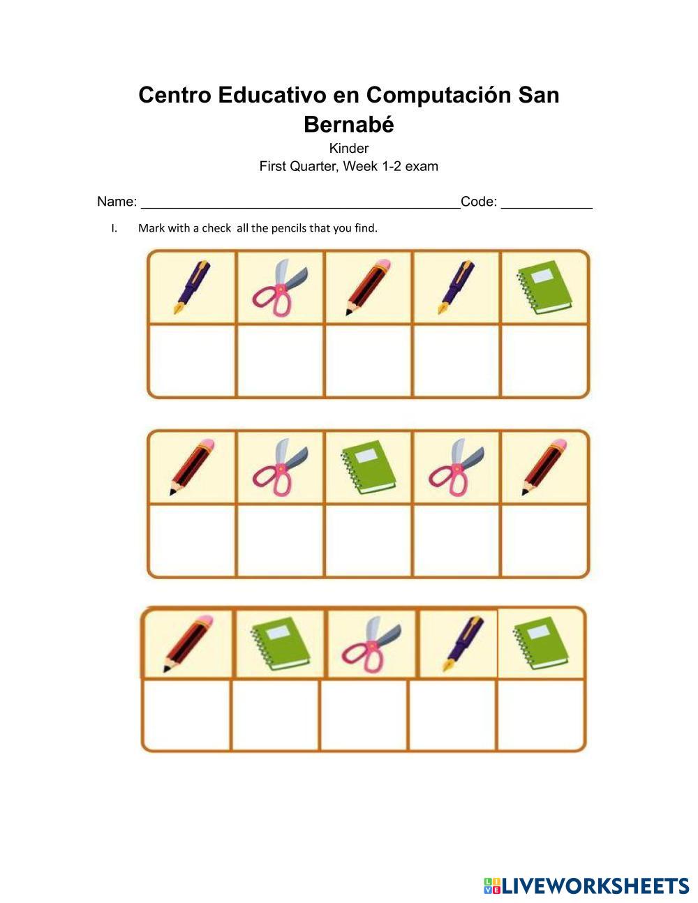 Kinder Exam 1st Quarter Week 1 and 2 7296233 | Centro