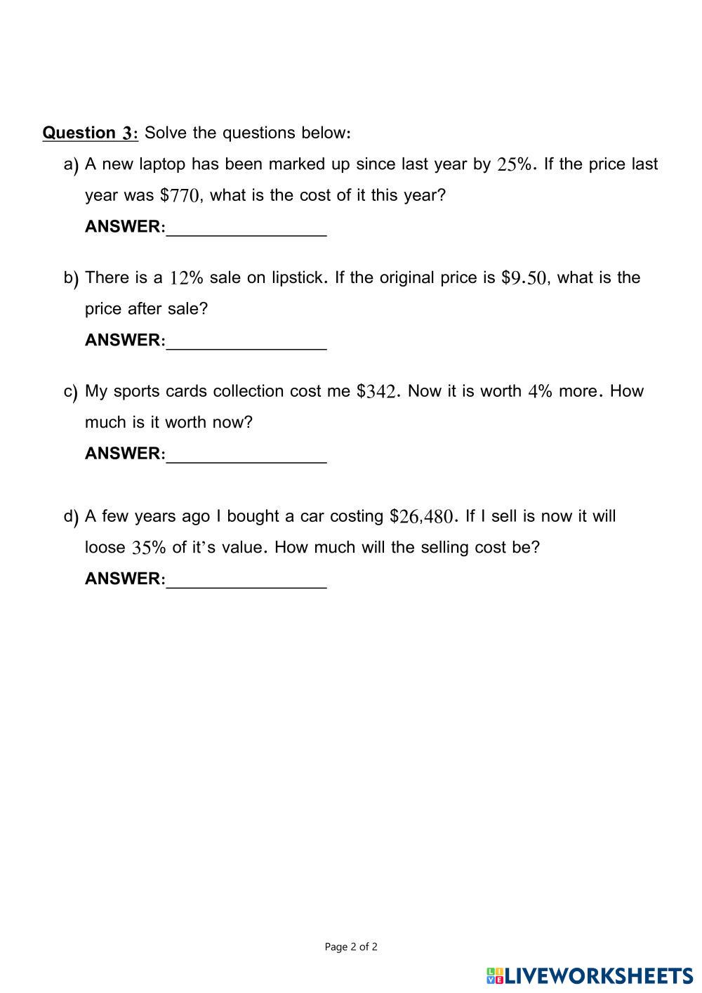 Percentage incr… | Free Interactive Worksheets | 7296494