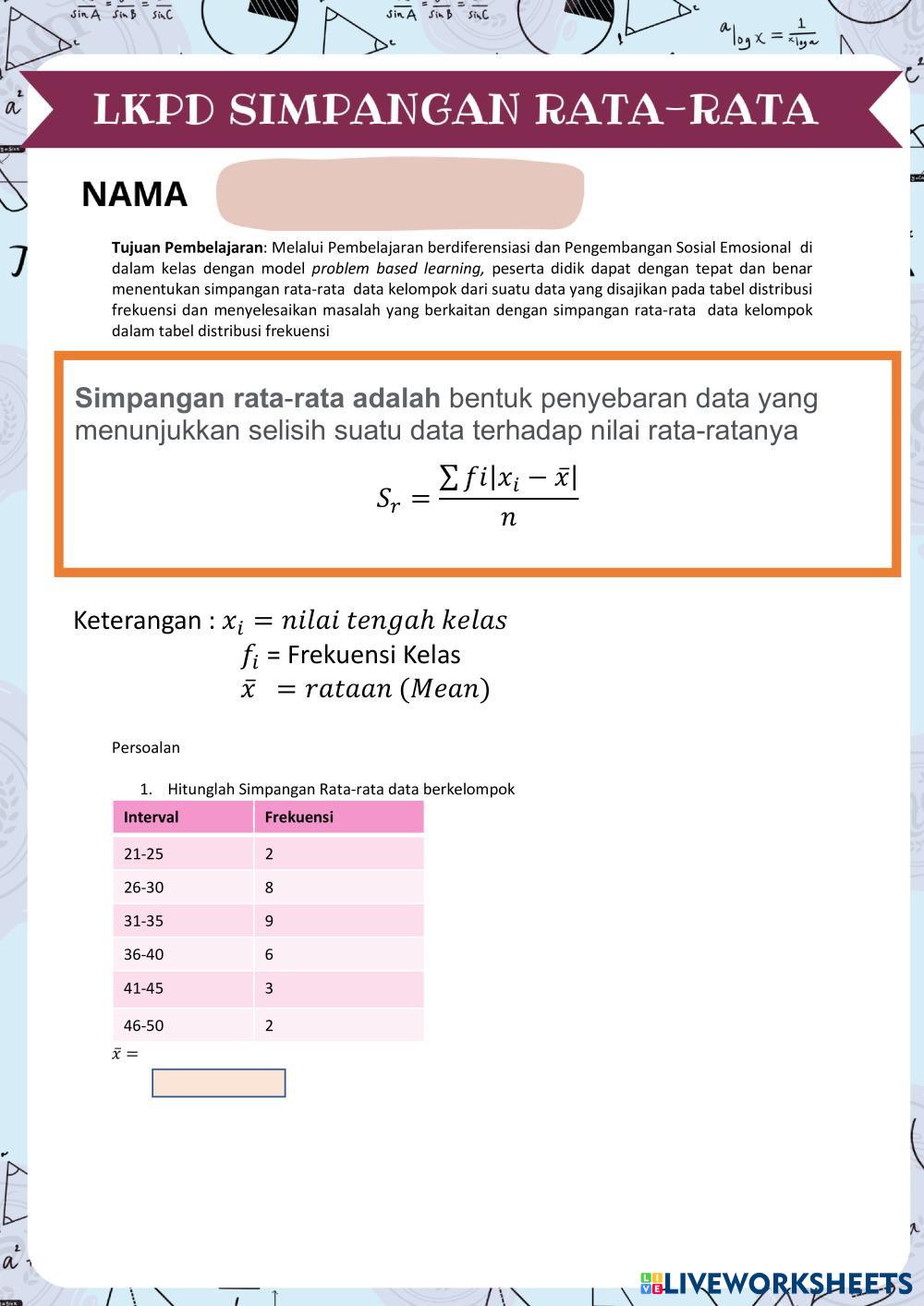 SIMPANGAN RATA_RATA DATA KELOMPOK | Live Worksheets