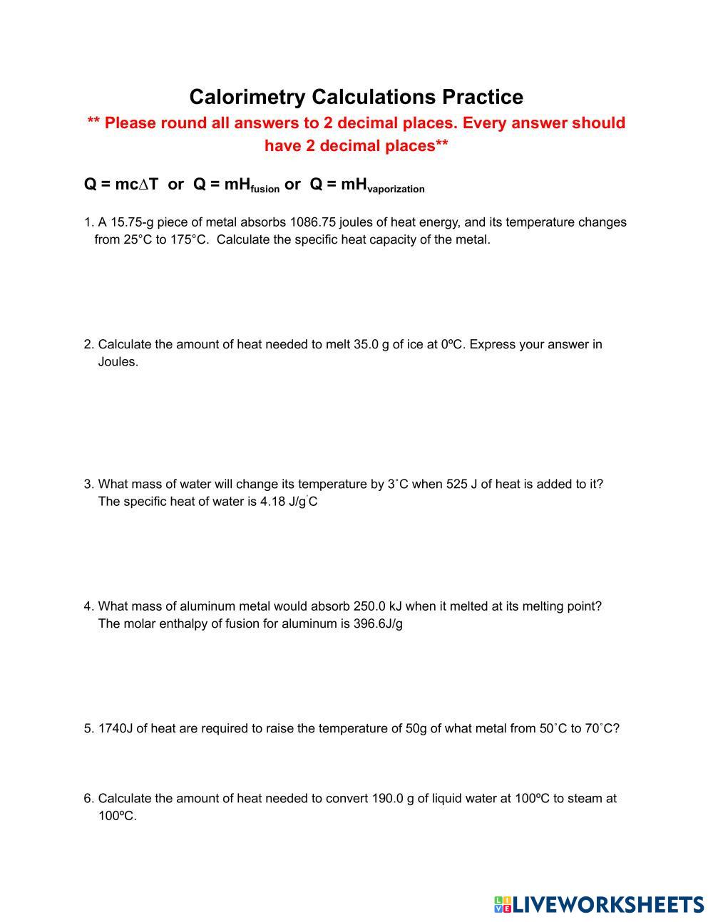 Mixed Calorie LWS | Live Worksheets