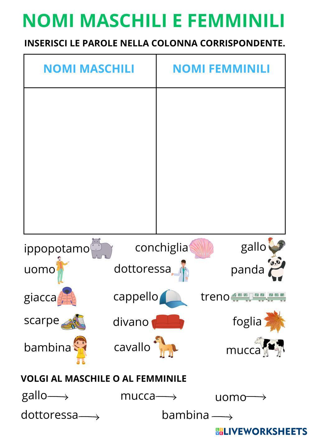 Nomi maschili e femminili | Live Worksheets