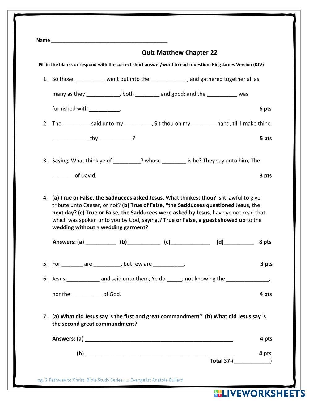 Pathway to Christ Bible Study Series Matthew Chapter 22 Quiz KJV | Live ...